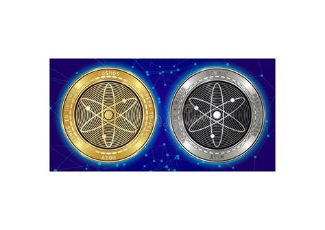 Golden And Silver Cosmos Atom Cryptocurrency Coins On Blockchain Background Stock Vector