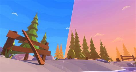 An Animated Landscape With Trees And A Wooden Fence In The Foreground Against A Blue Sky