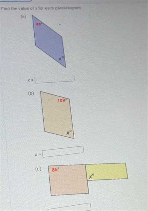 [answered] find the value of x for each parallelogram x b 48 x c 109 85