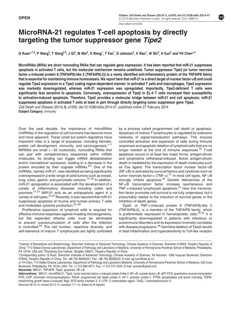 Pdf Microrna 21 Regulates T Cell Apoptosis By Directly Targeting The Tumor Suppressor Gene Tipe2