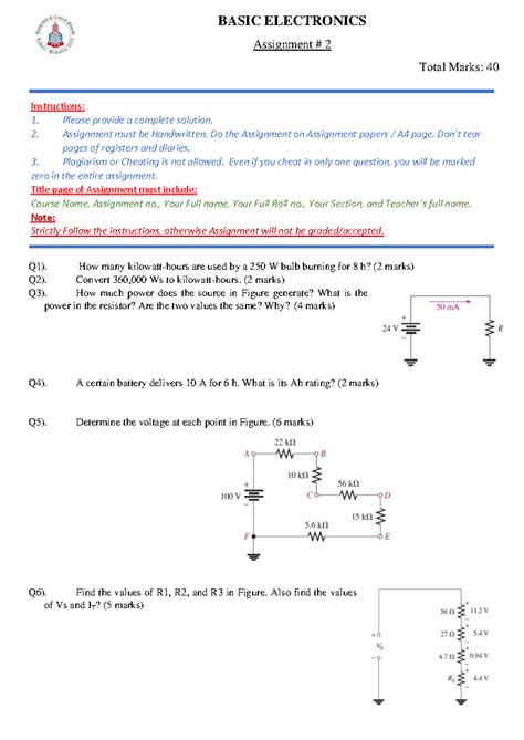 Assignment 2 Basic Electronics Assignment 2 Total Marks 40 Q1