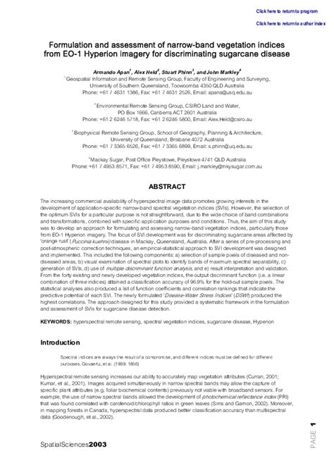 Pdf Formulation And Assessment Of Narrow Band Vegetation Indices From Eo 1 Hyperion Imagery