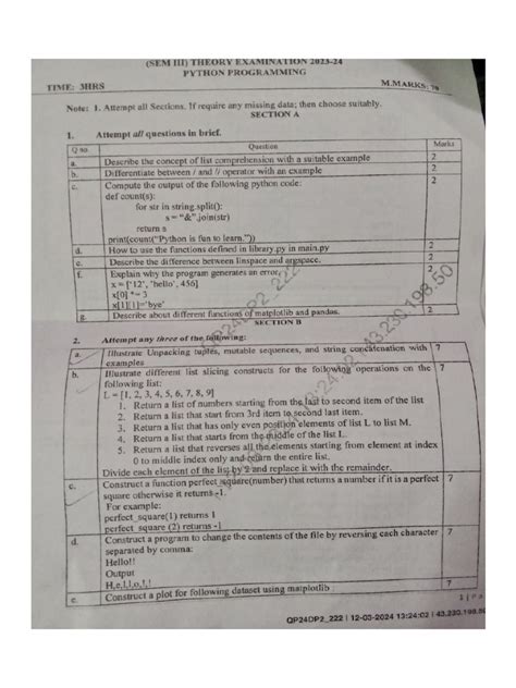 Python Programmimg Question Paper 2024 Pdf