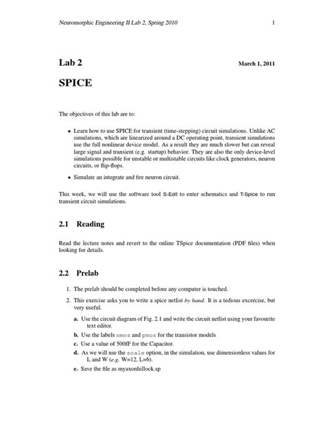 Neuromorphic Engineering Ii Lab 2 Spring 2010 Pdf Spice