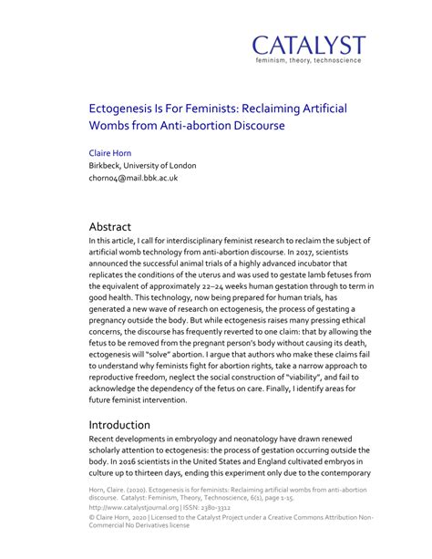 Pdf Ectogenesis Is For Feminists Reclaiming Artificial Wombs From