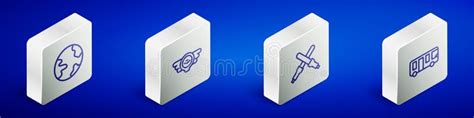 Set Isometric Line Worldwide Aviation Emblem Marshalling Wands And Airport Bus Icon Vector