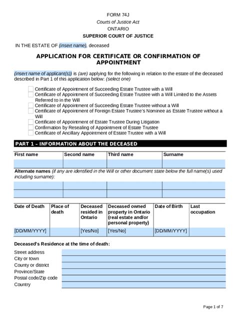 Rcp E 74j Application For Certificate Or Confirmation Of Appointment