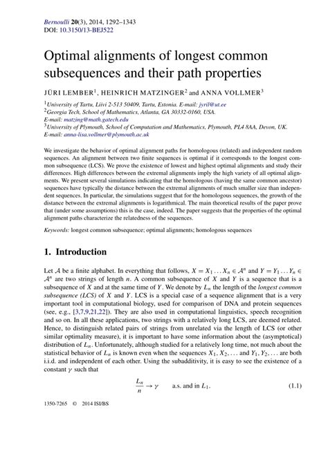 pdf optimal alignments of longest common subsequences and their path
