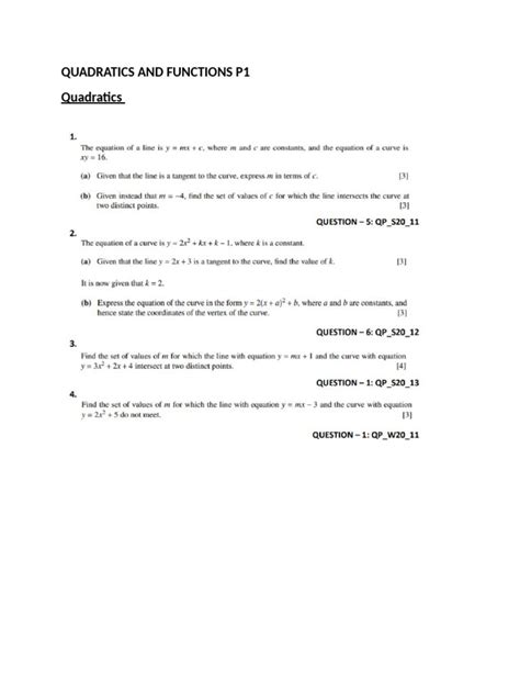 Quadratics And Functions P1 Pdf