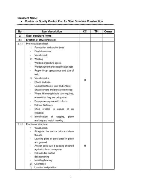 5 Contractor Quality Control Plan For Steel Structure Pdf Screw Structural Steel