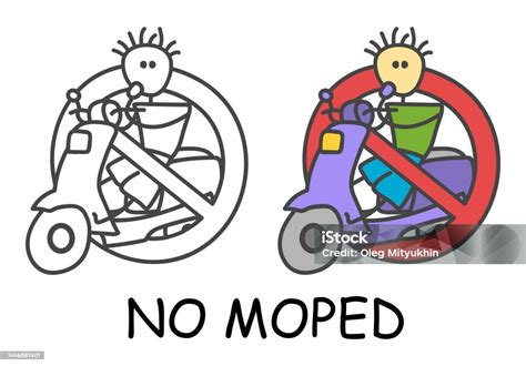 어린이 스타일의 오토바이 스쿠터에 재미 있는 벡터 스틱 남자 주차 금지 표지판 빨간색 금지 정지 기호입니다 지역 장소에 대한 금지 아이콘 스티커 흰색 배경에 격리 경계