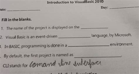 Introduction To VisualBasic Day Fill In The Blanks The Name Of