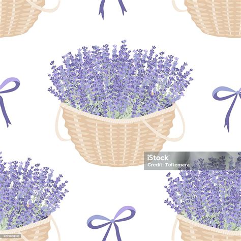 푸른 리본과 라벤더 꽃 바구니와 귀여운 완벽 한 패턴입니다 신선한 Lavandula의 큰 뭉치와 프로방스 배경 벡터 고립 된 그림입니다 개화기에 대한 스톡 벡터 아트 및