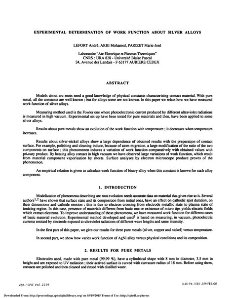 Pdf Experimental Determination Of Work Function Of Silver Alloys