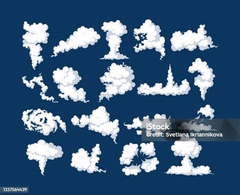 연기 구름 연기 폭발 효과 세트 만화 스모그 먼지 스트리밍 곡선 푹신한 폭발 연기 물리적 구조에 대한 스톡 벡터 아트 및 기타 이미지 연기 물리적 구조 벡터 매연
