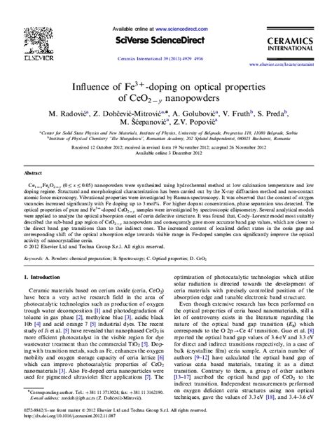 Pdf Influence Of Fe3 Doping On Optical Properties Of Ceo2− Nanopowders