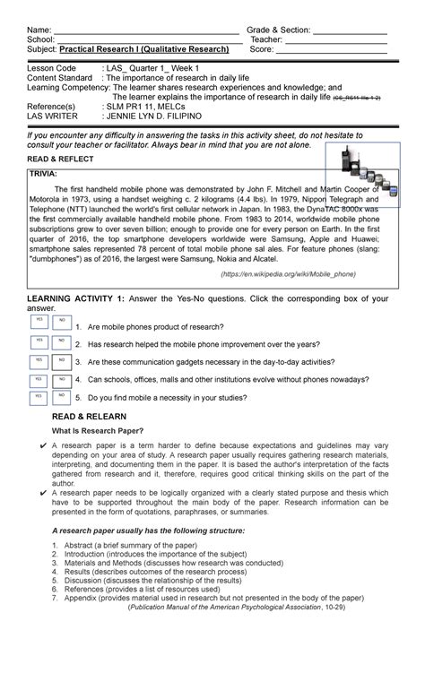PR1 Q1 LAS1 Week 1 1 Module For Practical Research 1 Name Studocu