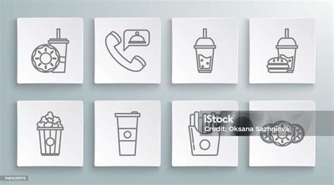 골판지 상자에 라인 팝콘 음식 주문 종이 유리 및 물 감자 감자 튀김 카톤 패키지 달콤한 유약을 곁들인 도넛 레모네이드 마시는 짚 한 잔 버거 및 도넛 아이콘 벡터 감자