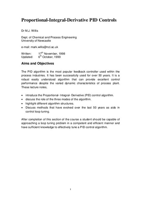 (PDF) Proportional-Integral-Derivative PID Controls Aims and Objectives
