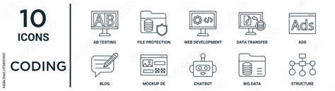 Vetor De Coding Outline Icon Set Such As Thin Line Ab Testing Web Development Ads Mockup De