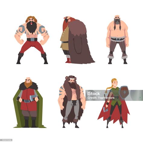 바이킹 남자와 여자 잔인한 캐릭터 무기 벡터 세트와 전사로 전사 사람의 역할에 대한 스톡 벡터 아트 및 기타 이미지 전사 사람의 역할 야만인 개념 Istock