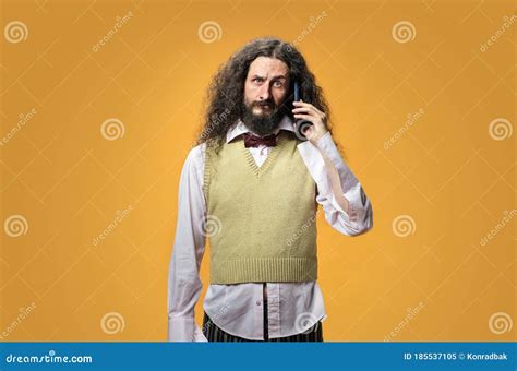 Portrait Of A Funny Nerd Talking On The Smartphone Stock Image Image Of Joyful Beard