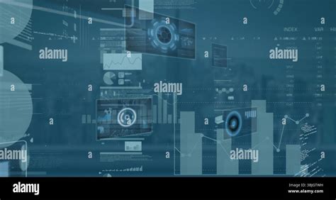 hovering data interface overlaying skyline view with panels showing