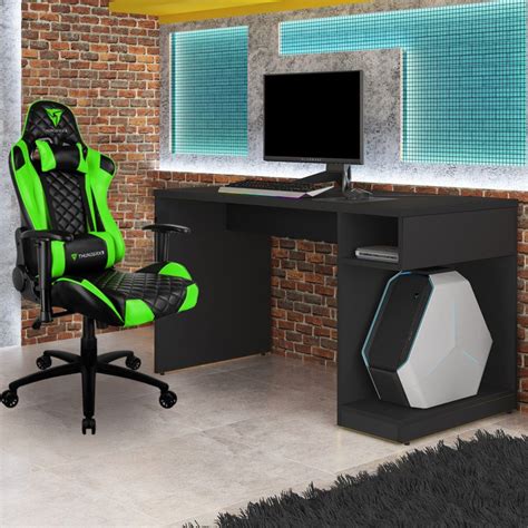 Kit Mesa Para Pc Gamer Legend Preto Com Cadeira Gamer Tgc Thunderx Preto Verde Lyam Decor