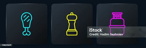 세트 라인 닭 다리 프로판 가스 탱크 및 후추 검은색 사각형 버튼입니다 벡터 가금류에 대한 스톡 벡터 아트 및 기타 이미지 가금류 가연성 강철 Istock