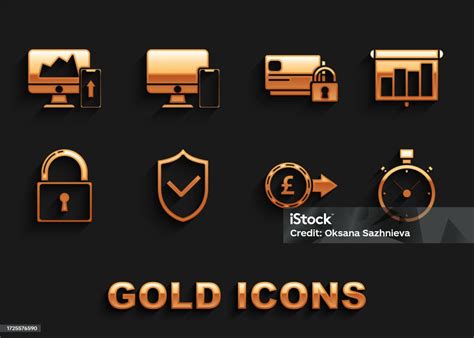 확인 표시 인포 그래픽 파이 그래프 스톱워치 동전 돈 파운드 스털링 기호 자물쇠 신용 카드 잠금 금융 또는 컴퓨터 모니터 및 휴대폰 및 컴퓨터 아이콘으로 방패를 설정합니다