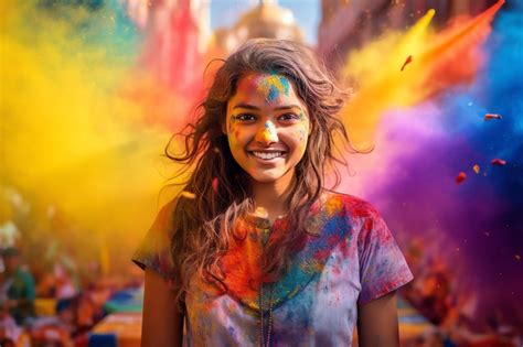 Premium Ai Image India Cute India Girl Standing Infront Of A Colorful