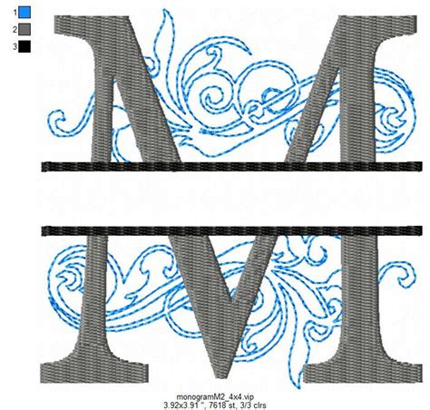 Split Monogram M Embroidery Design Font With Swirl Motif Etsy