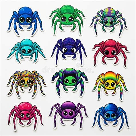 Playful Spider Characters Featuring Cheerful Faces And Colors Stock