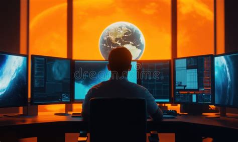 futuristic workspace with multiple monitors displaying earth and cosmic