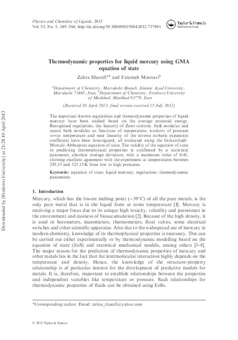 Pdf Thermodynamic Properties For Liquid Mercury Using Gma Equation Of