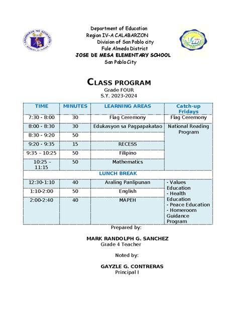 Grade 4 Class Program Catch Up Fridays Department Of Education Region Iv A Calabarzon Division