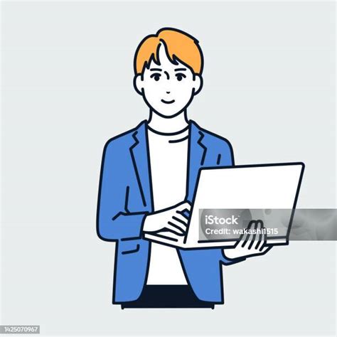 노트북이 달린 캐주얼 슈트를 입은 남자의 벡터 일러스트 레이 션 소재 컴퓨터 프로그래머에 대한 스톡 벡터 아트 및 기타 이미지