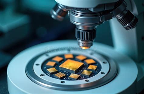 close up view of microchip transistor samples under microscope tech
