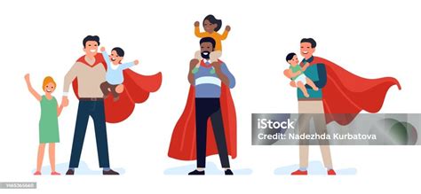 슈퍼 아빠와 그들의 아이들 자녀가있는 행복한 부모 아들이나 딸을 안고 있는 슈퍼히어로 아버지 망토를 입은 강한 남자들 어린 시절과 부모 벡터 고립 된 영웅 가족 세트