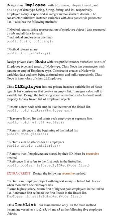 Solved Design Class Employee With Id Name Department And Chegg Com