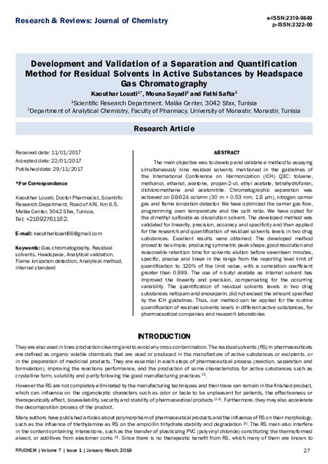 Pdf Development And Validation Of A Separation And Quantification Method For Residual Solvents