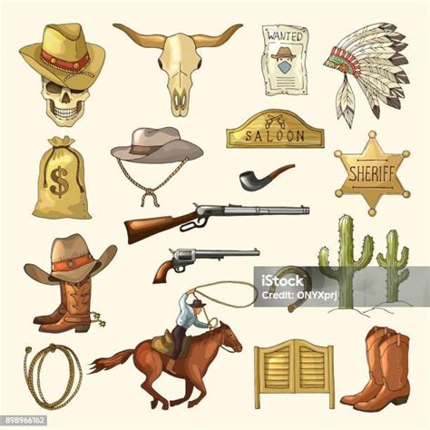 와일드 웨스트 상징의 색깔된 삽화입니다 고립 된 서 부 빈티지 사진 카우보이에 대한 스톡 벡터 아트 및 기타 이미지 카우보이