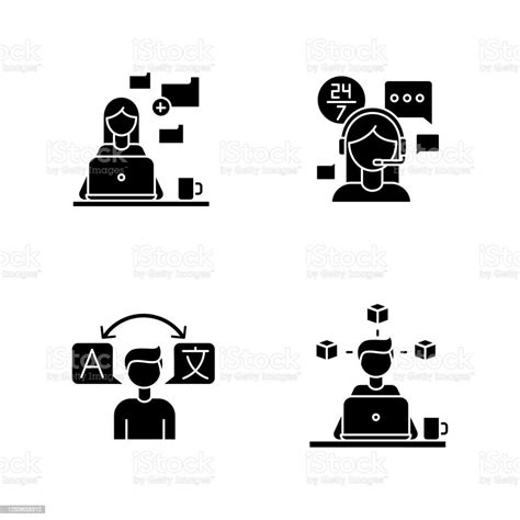 프리랜서 직업 데이터 입력 작업 공백에 설정 된 검은 색 글리프 아이콘 해석 3d 모델링 고객 서비스 이미지를 텍스트로 변환합니다 실루엣 기호 벡터 격리 된 그림 3차원