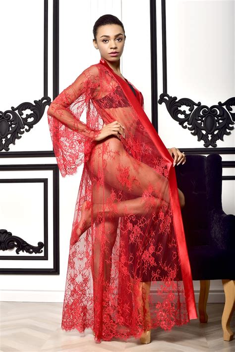 Long Bridal Sheer Robe Burgundy Maxi Kimono Robe Lace See Through Robe