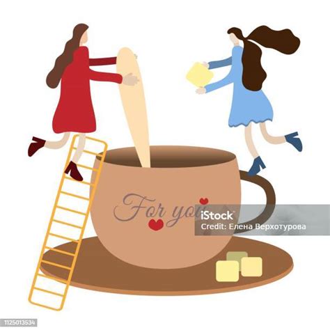 작은 사람들은 유 작은 사람들의 거 대 한 큰 컵에 차를 만들어 지팡이 설탕 저 어 숟가락 장난감의 세계와 어린이 개념적 벡터 일러스트 레이 션 어린이 그림 추가 경영자에