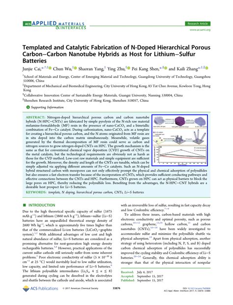 Pdf Templated And Catalytic Fabrication Of N Doped Hierarchical Porous Carbon Carbon Nanotube