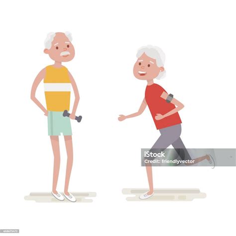 수석 남자를 아령과 운동 노인 여성 조깅 암 밴드와 함께 실행입니다 성인 사람들이 스포츠 활동 벡터 일러스트 레이 션 50 59세에 대한 스톡 벡터 아트 및 기타 이미지