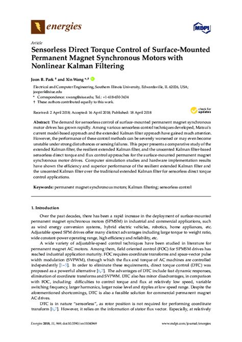 Pdf Sensorless Direct Torque Control Of A Surface Mounted Pmsm Using