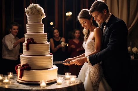 Frisch verheiratetes paar schneidet hochzeitstorte an fröhlicher