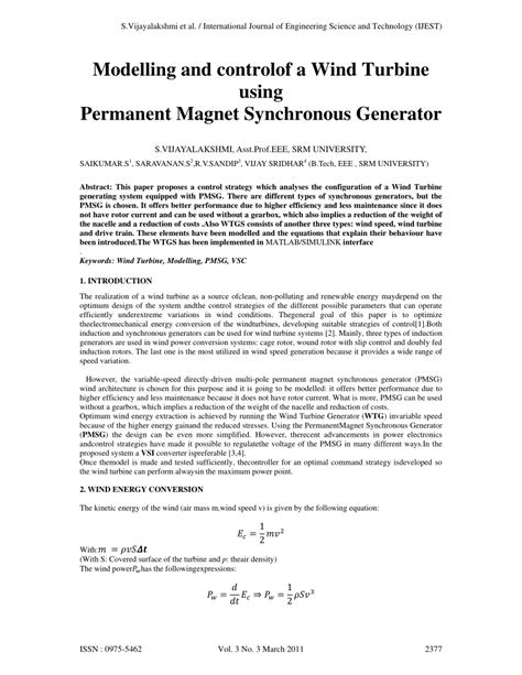 Pdf Modelling And Controlof A Wind Turbine Using Permanent Magnet Synchronous Generator